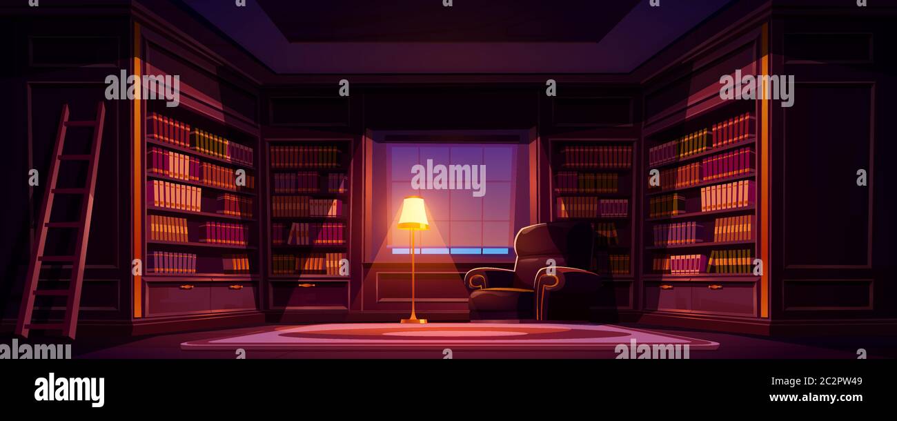 Luxury old library interior at night, dark empty room for reading with ...