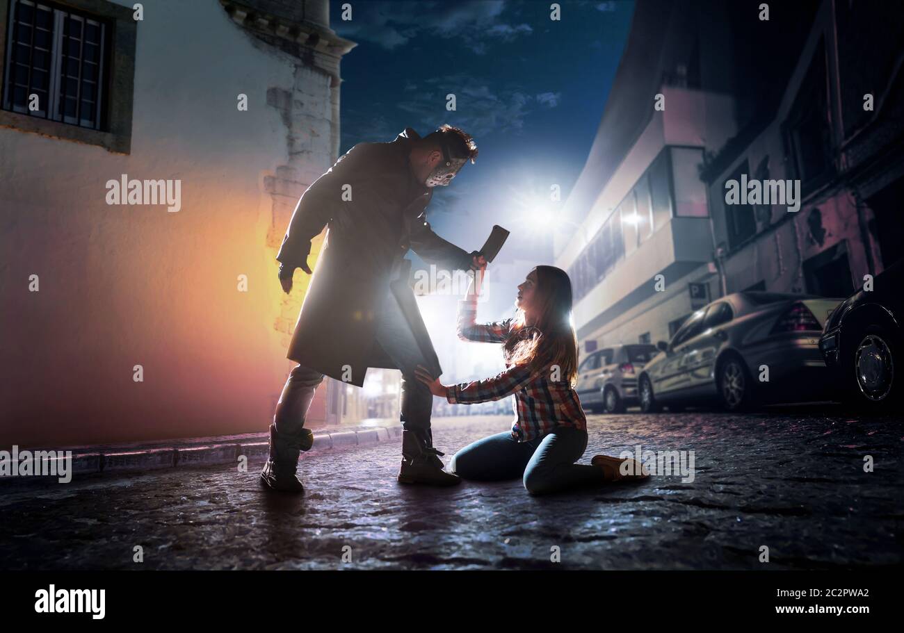 Serial maniac in hockey mask holds meat cleaver, female victim begs for ...