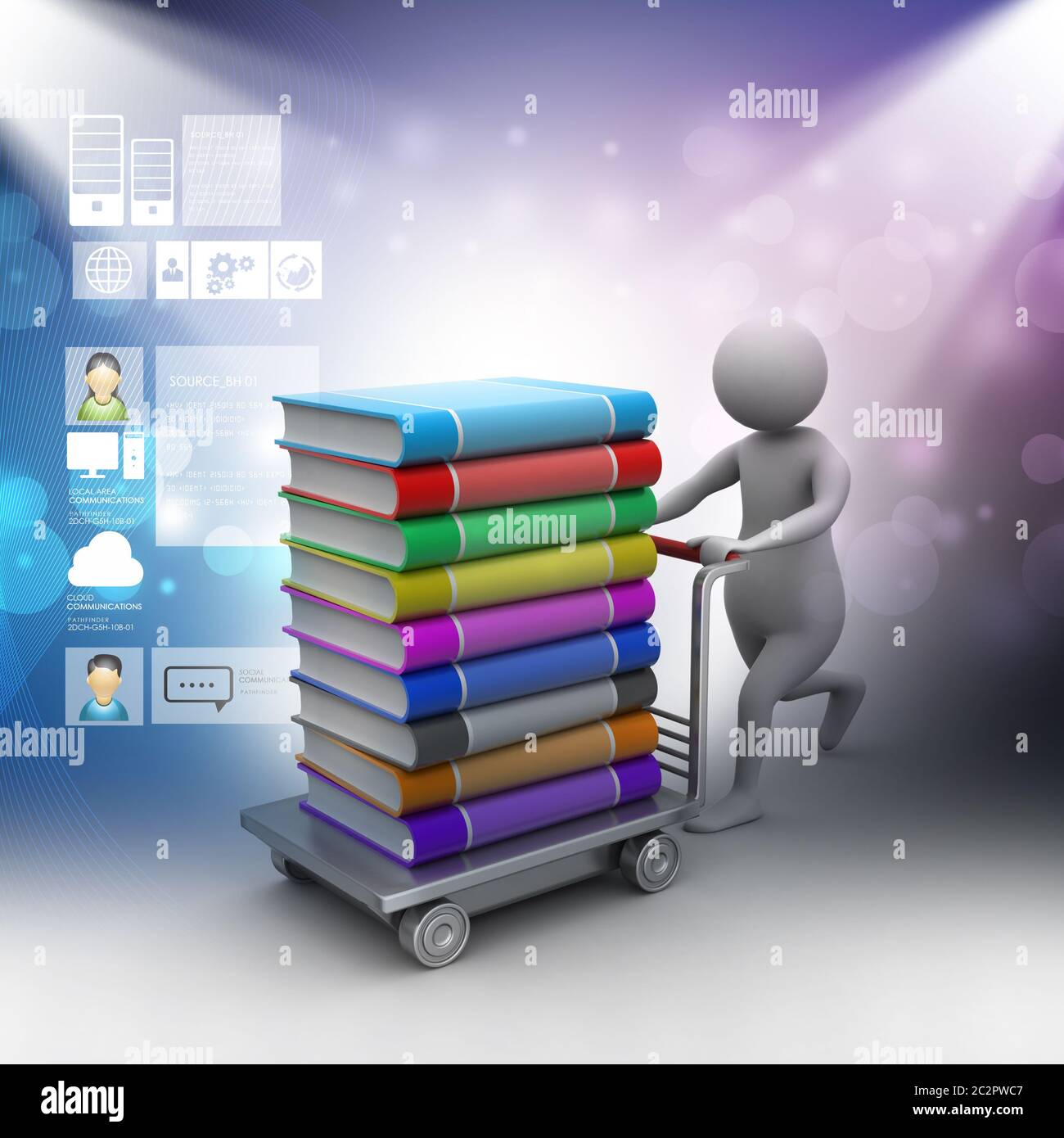 3d man pushing hand truck with books Stock Photo - Alamy
