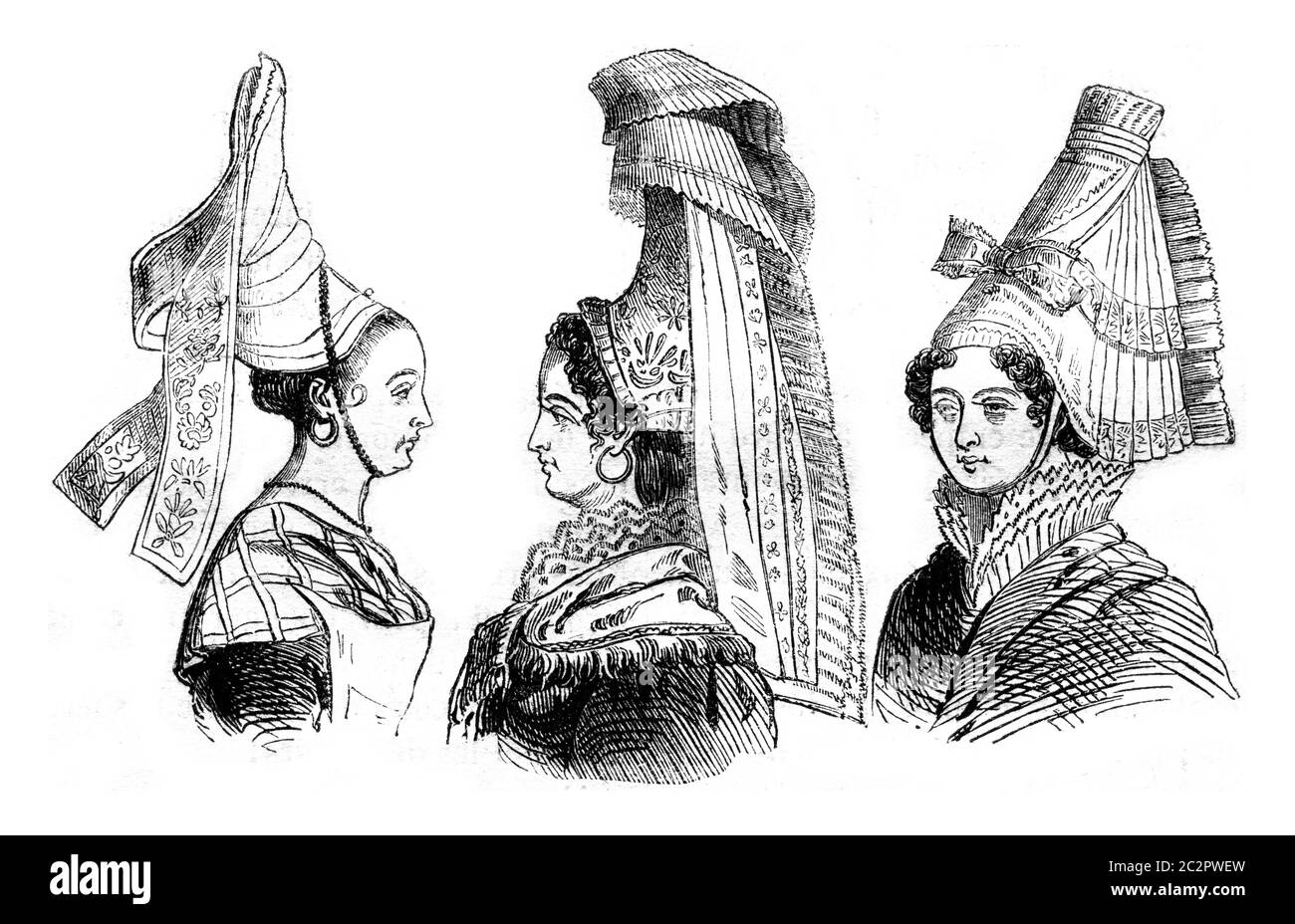 Current hairstyles of Normandy, vintage engraved illustration. Magasin ...