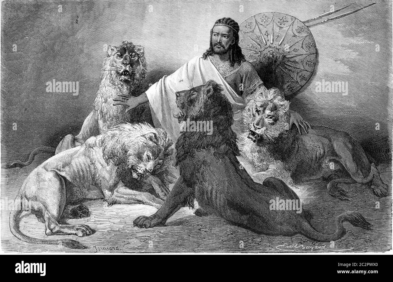 The Negus Theodore II held a hearing, vintage engraved illustration. Le ...