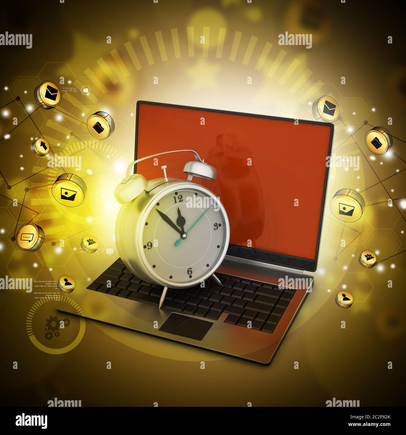 Laptop with alarm clock Stock Photo - Alamy