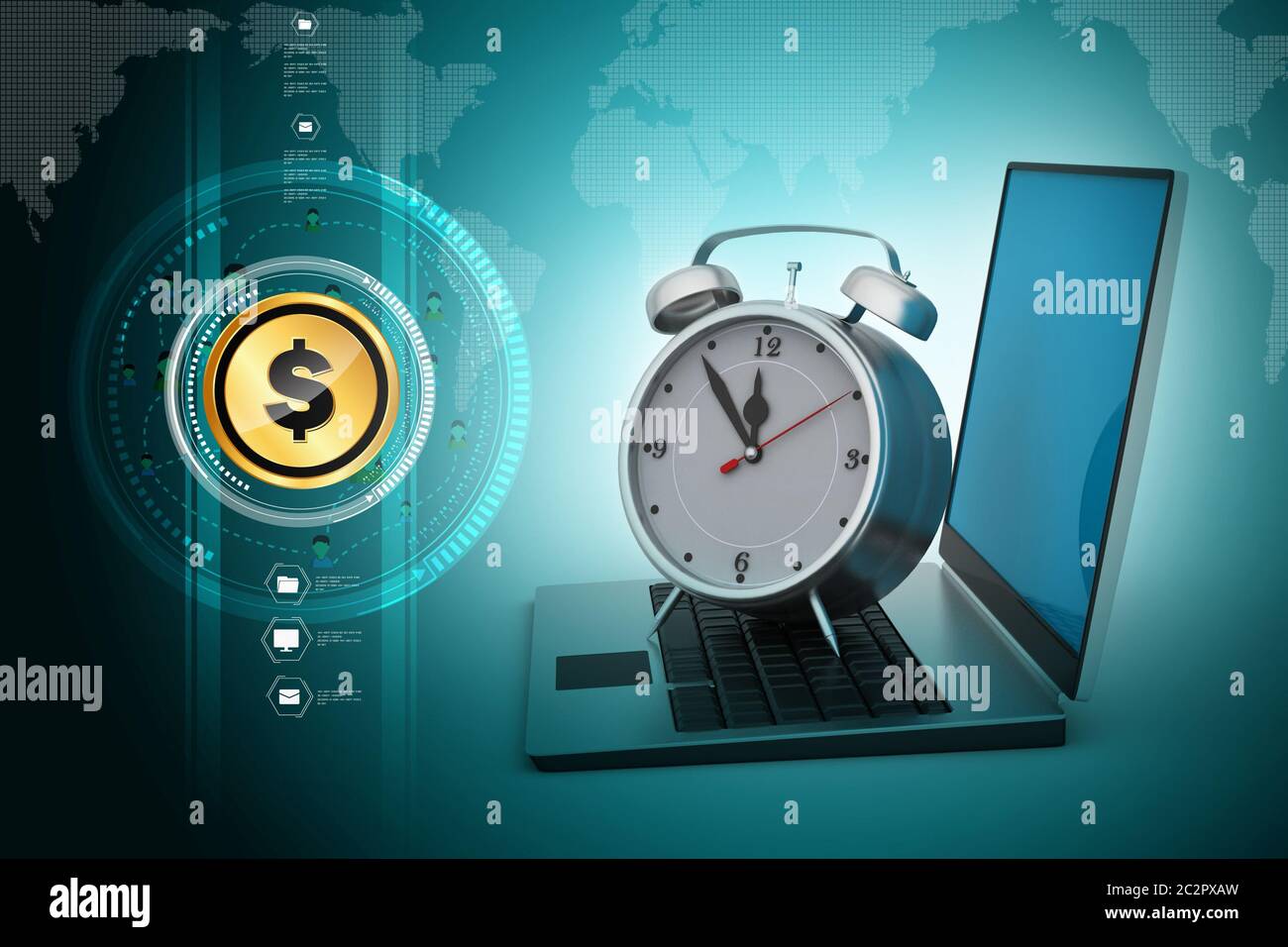 Laptop with alarm clock Stock Photo - Alamy