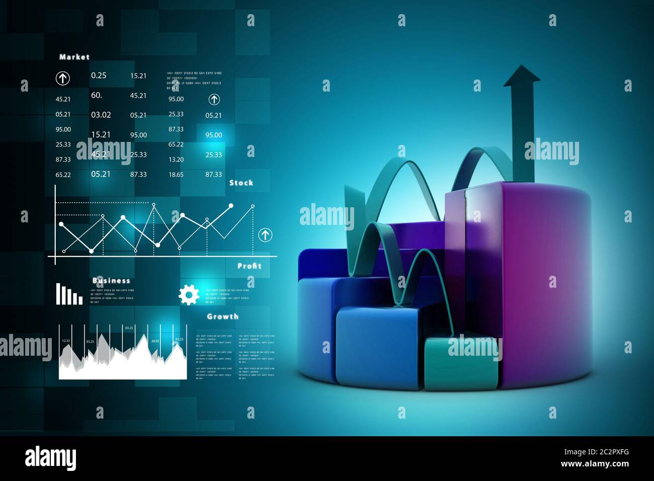 finance pie and bar chart graphs with growing arrow Stock Photo - Alamy