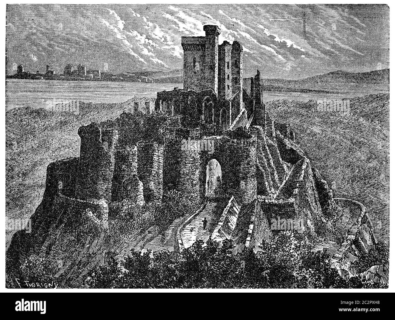 Arques castle ruins with its keep, vintage engraved illustration ...