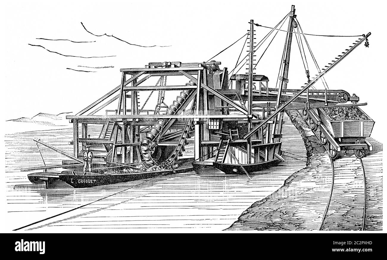 Landing Floating used to stabilize the Danube, vintage engraved ...