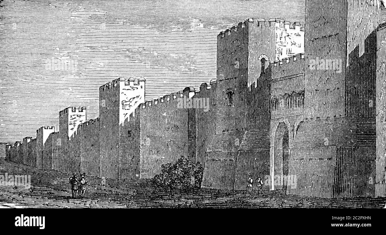 Fortified wall of Roman construction, vintage engraved illustration ...