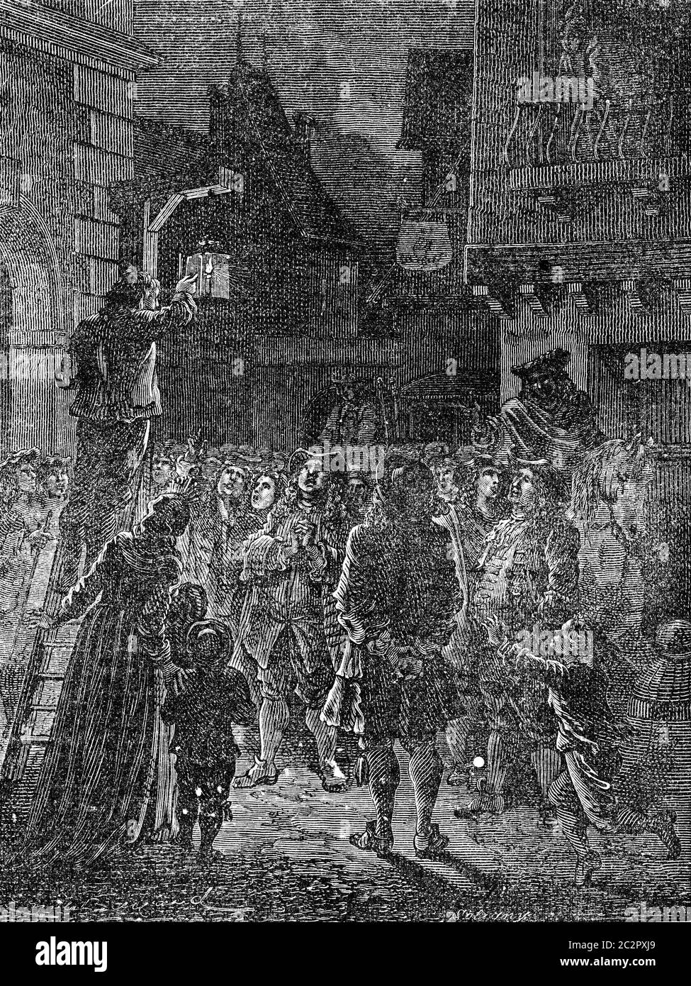 The first lanterns lit in the streets of Paris in 1558, vintage ...