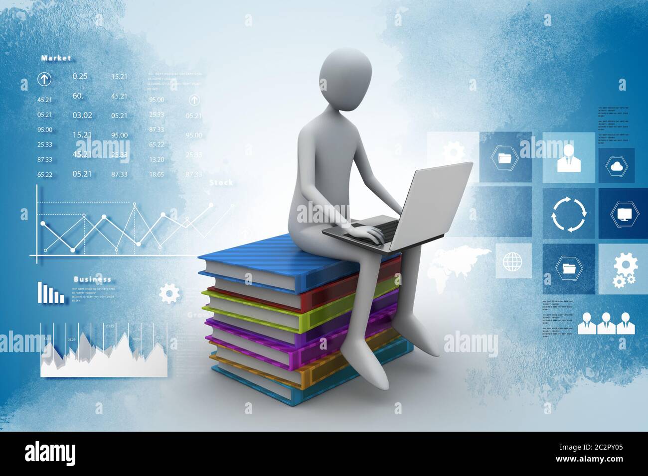 3d man sitting on books and working at his laptop Stock Photo - Alamy