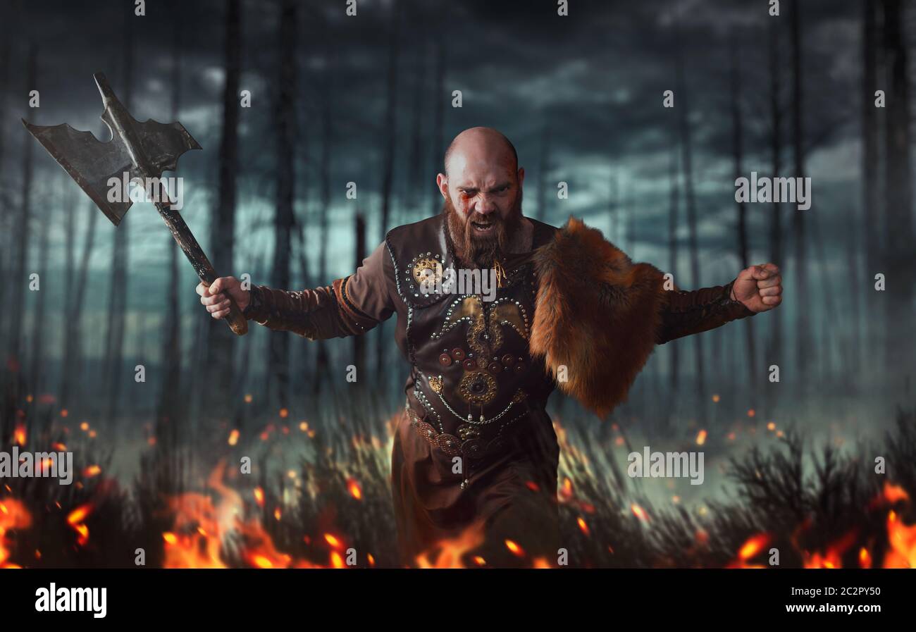 Angry viking with axe dressed in traditional nordic clothes fighting in ...