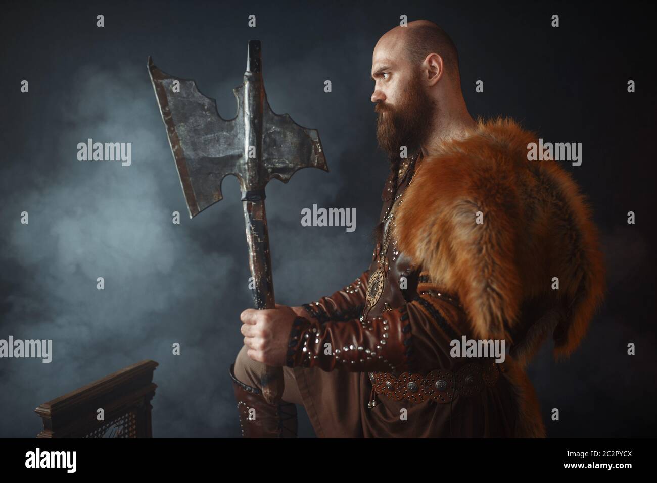 Viking with axe, martial spirit, barbarian image, side view. Ancient ...