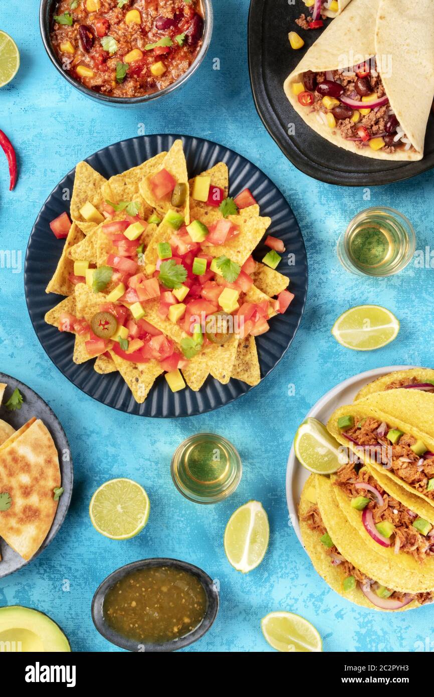 Mexican food, many dishes of the cuisine of Mexico, flat lay, top shot ...