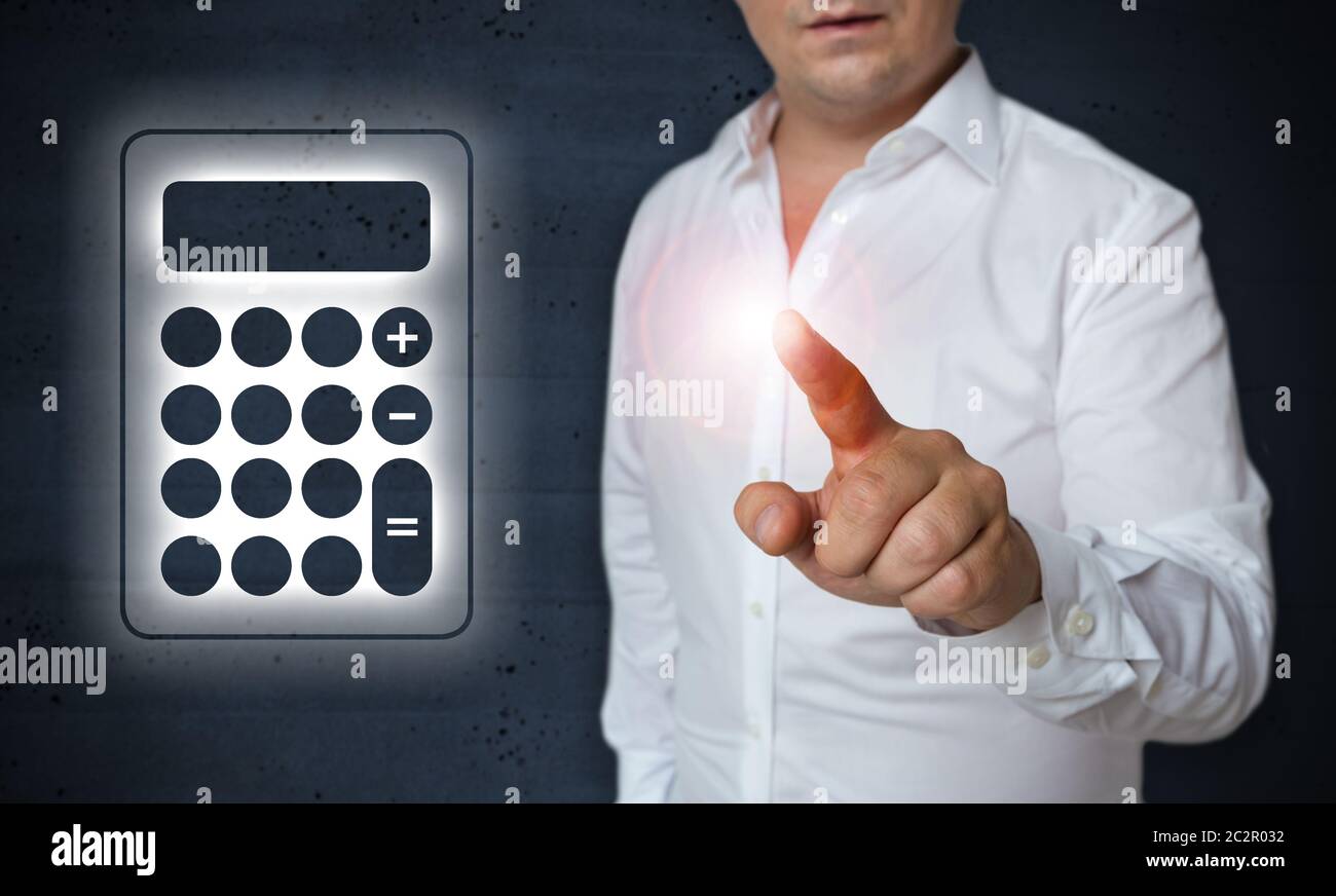 Calculator touchscreen is operated by man concept Stock Photo - Alamy