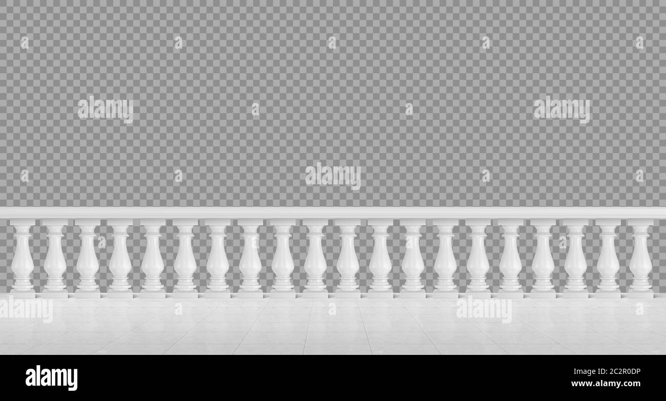 White marble balustrade on balcony, porch or terrace with tiled floor ...