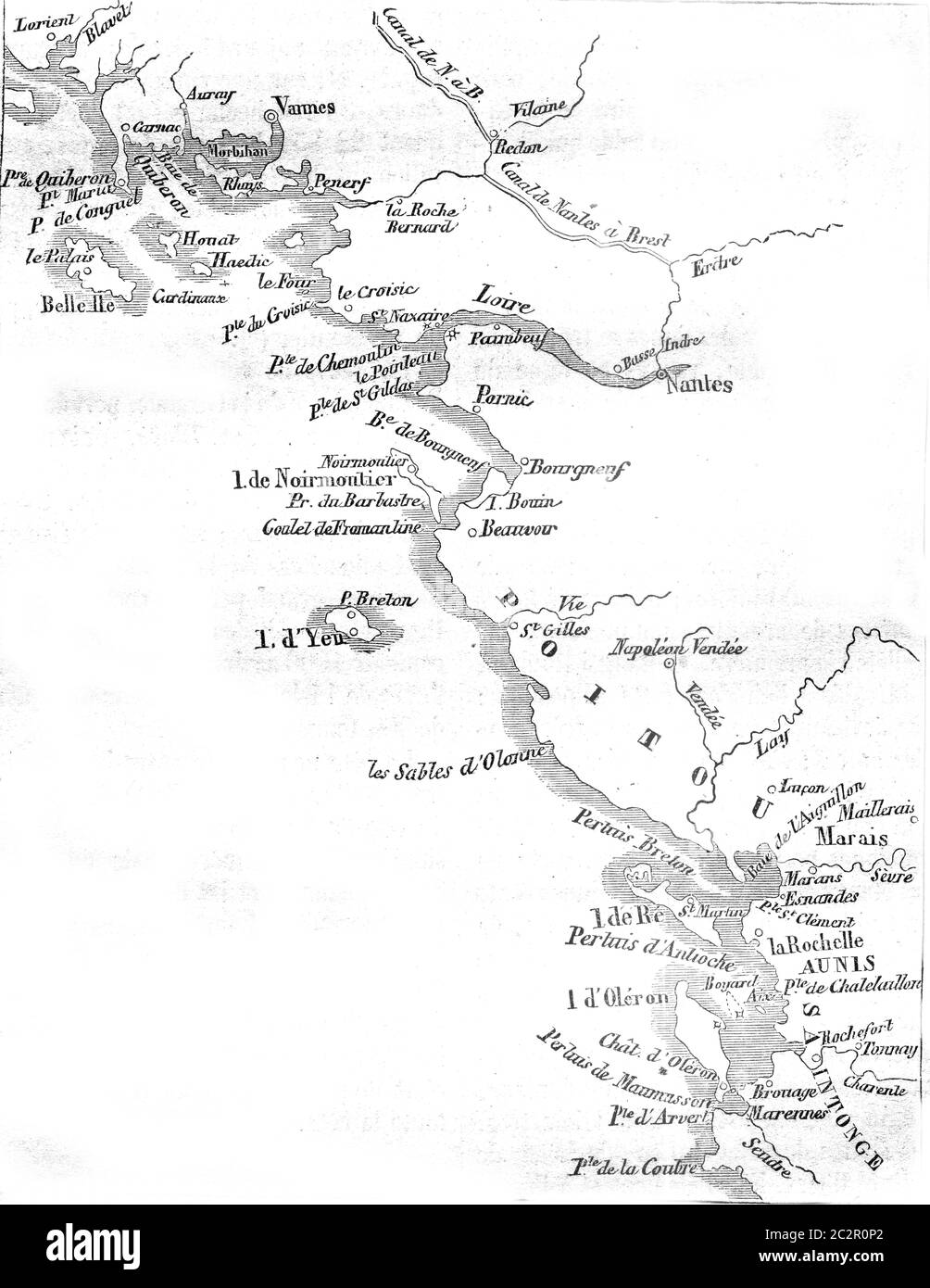 Map of the salt marshes of the Bay of Biscay, vintage engraved ...