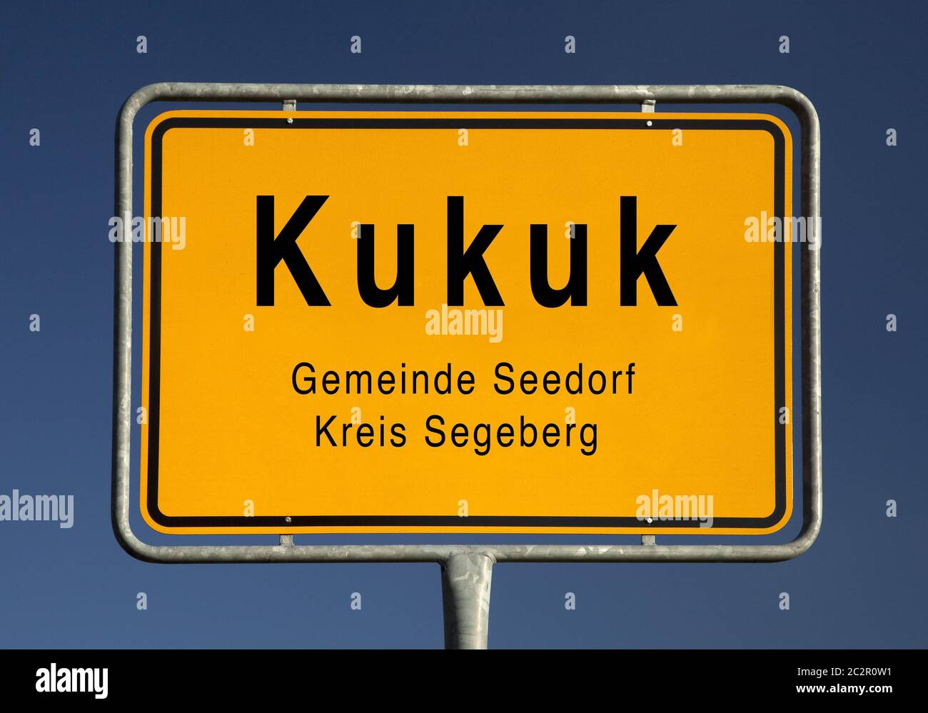 Town entrance sign of Kukuk, district of the municipality Seedorf ...