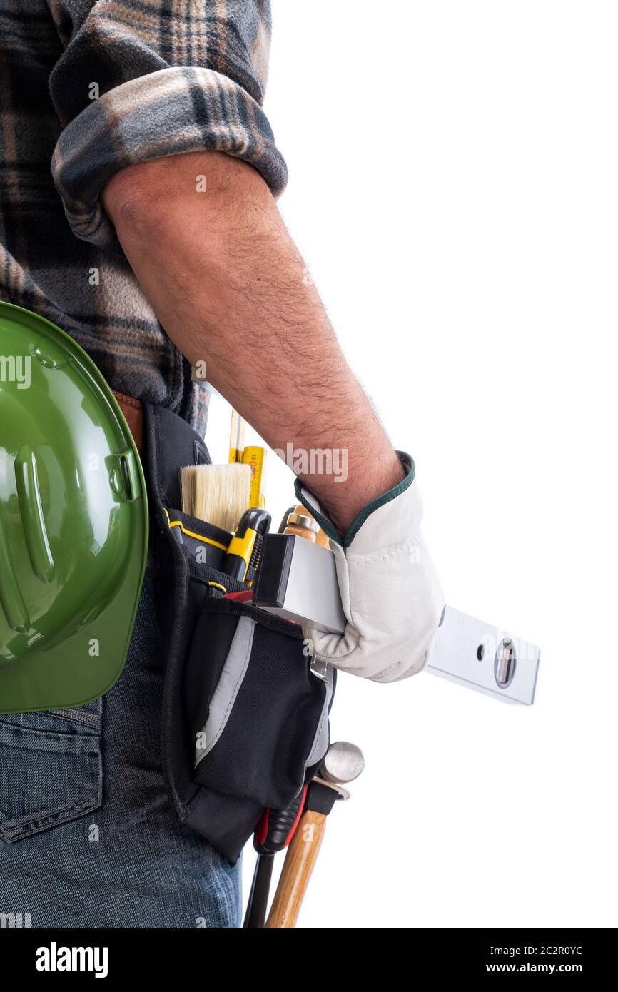 Rear view of a carpenter isolated on a white background; he wears ...
