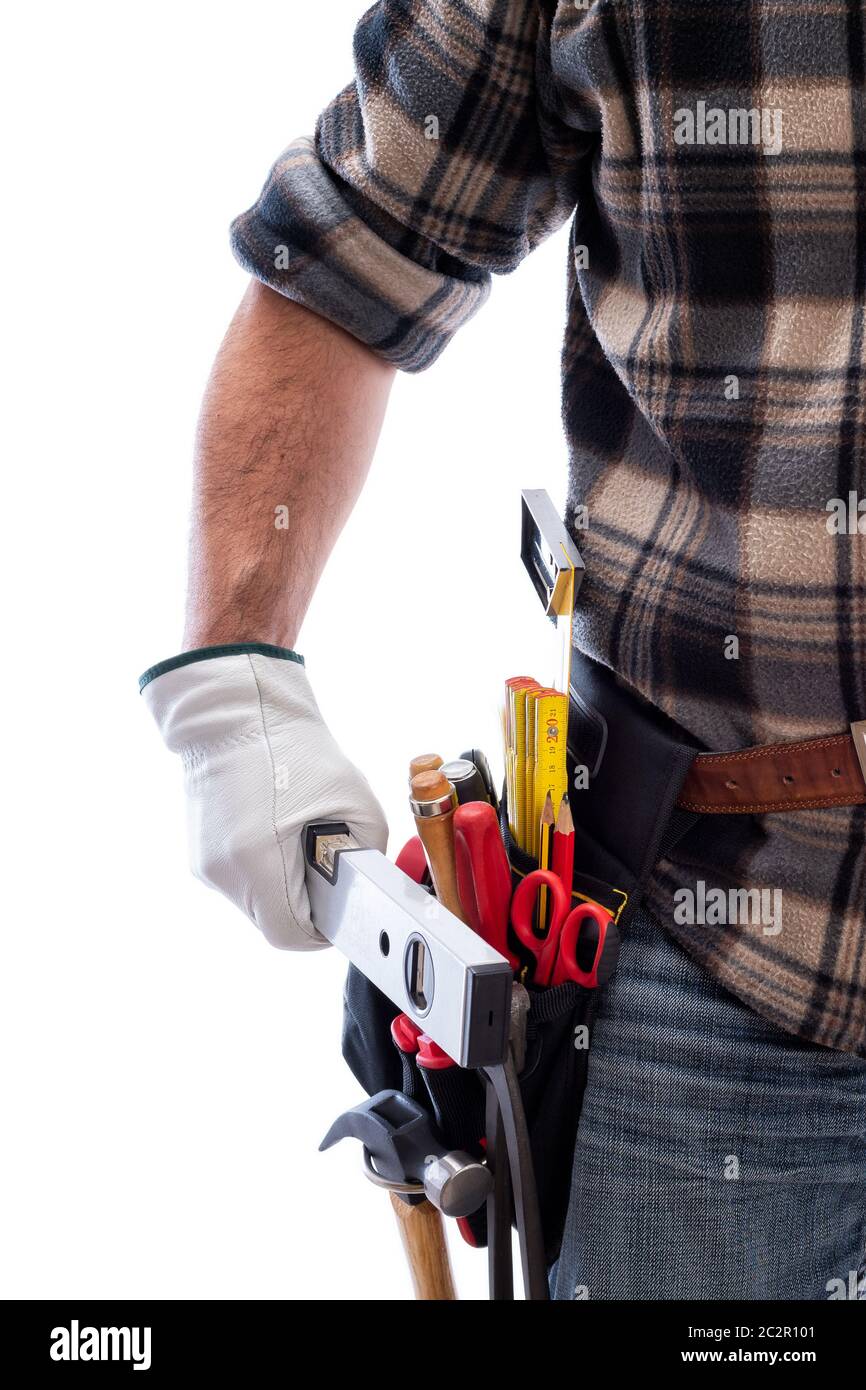 Carpenter isolated on a white background, he wears leather work gloves ...