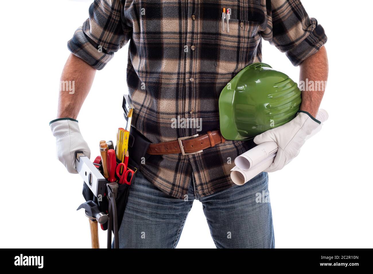 Carpenter isolated on a white background, he wears leather work gloves ...