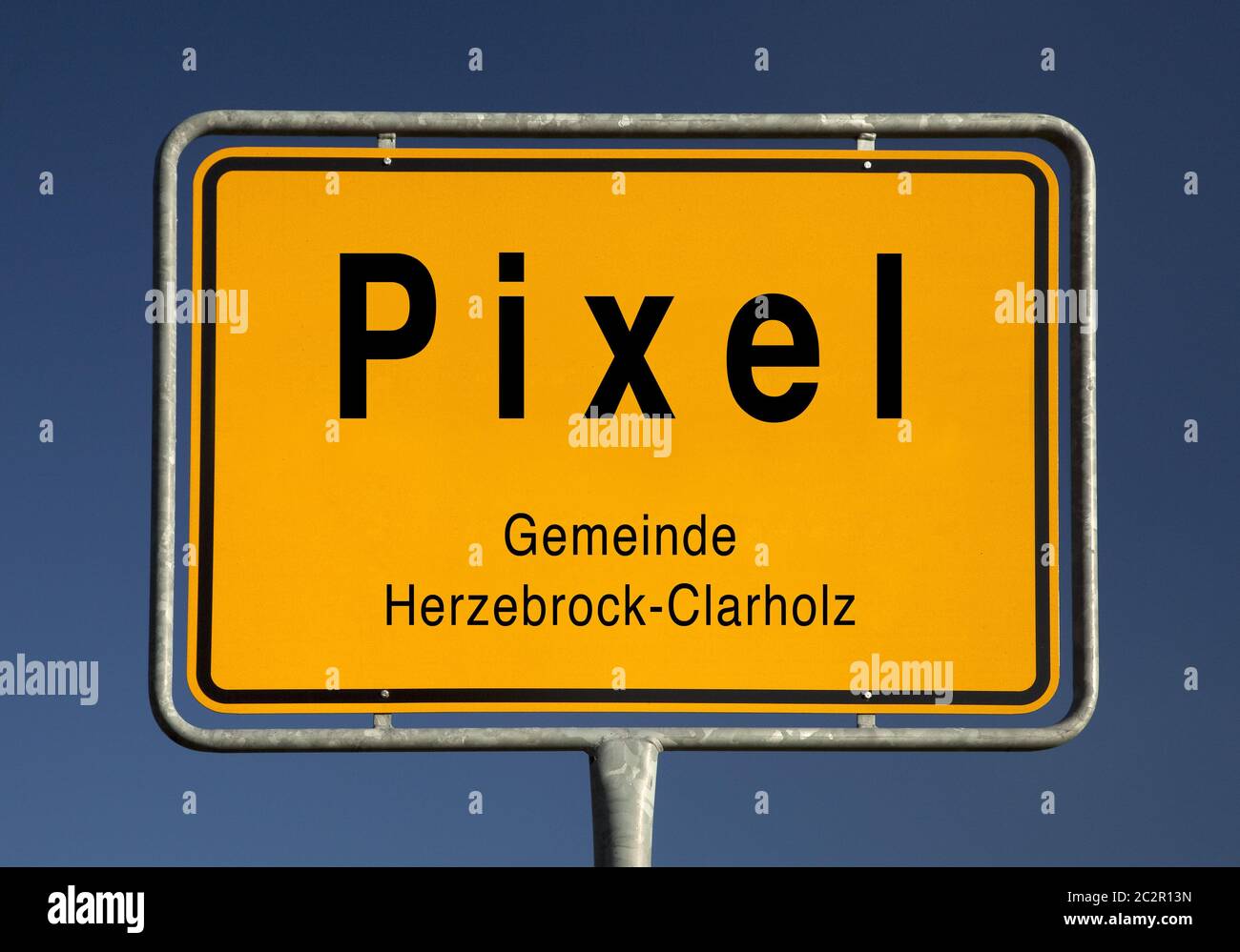 Town entrance sign of Pixel, district of the municipality of Herzebrock ...