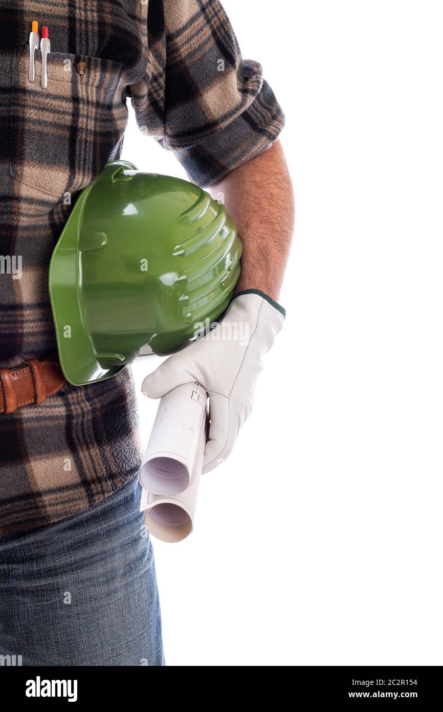 Carpenter isolated on a white background; he wears leather work gloves ...