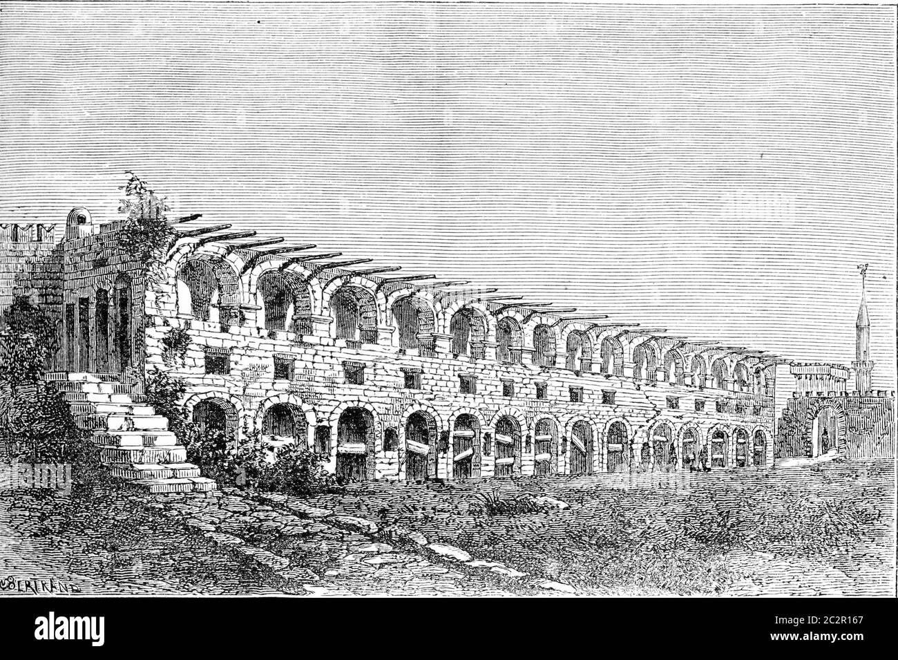 Ruins of the barracks of the Knights of Rhodes, vintage engraved ...