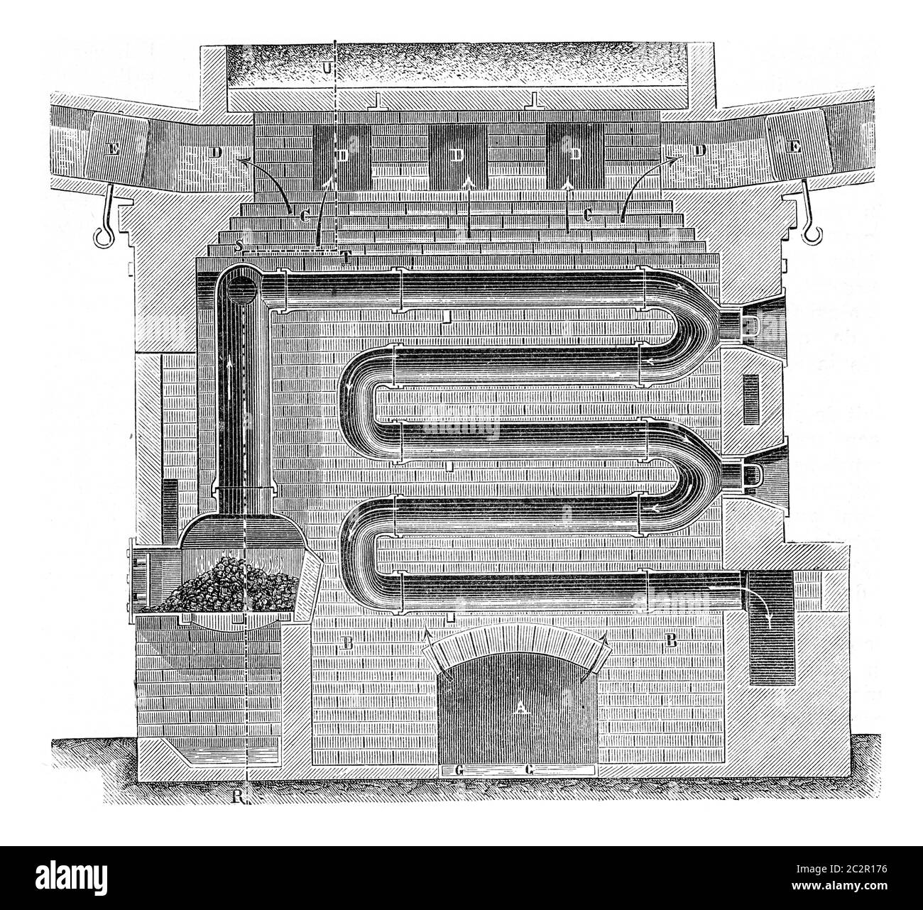 Longitudinal section of the horizontal circulation furnace, vintage ...