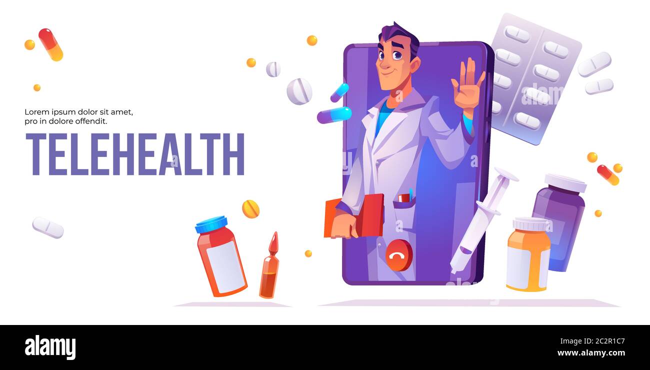 Telehealth cartoon banner, distance online medicine application for ...
