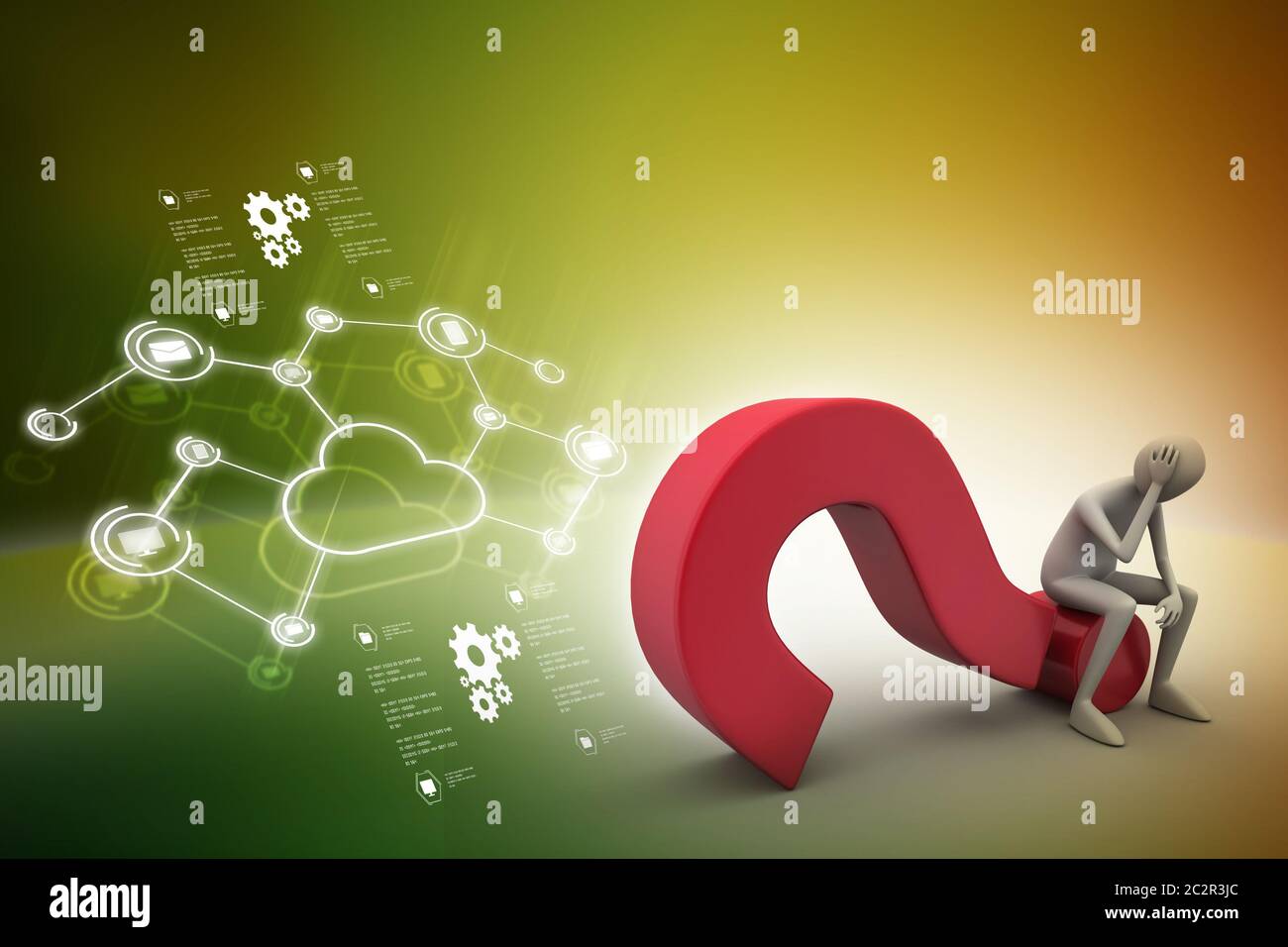 3d man sitting on the question mark Stock Photo - Alamy