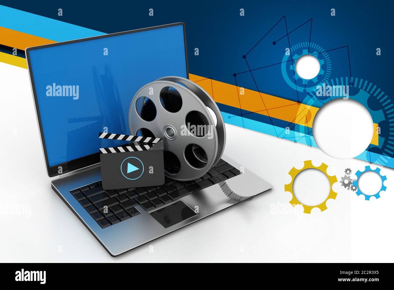 Laptop with reel Stock Photo - Alamy