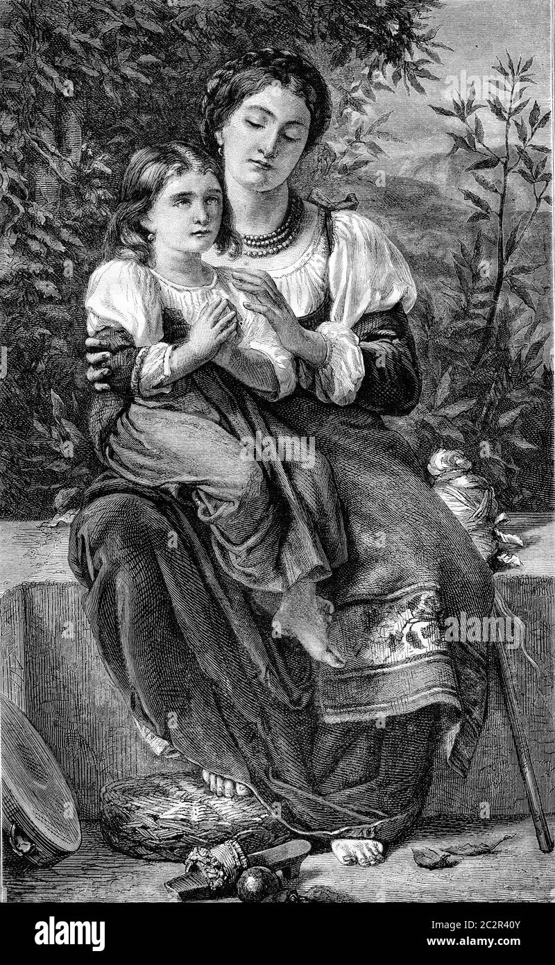 Prayer, painting Mr Alfred de Curzon, vintage engraved illustration ...