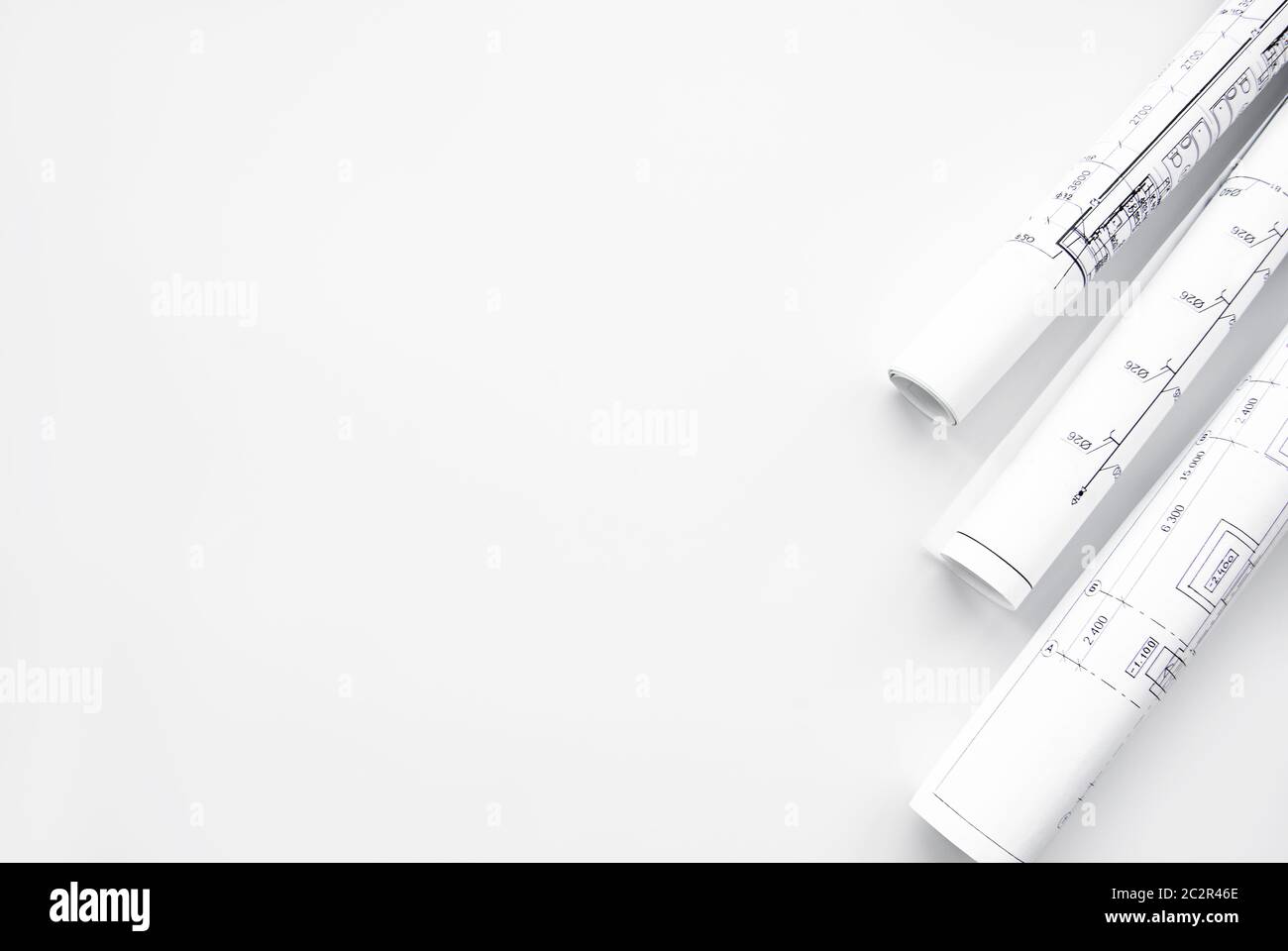Architect workplace top view. Architectural project, blueprints ...