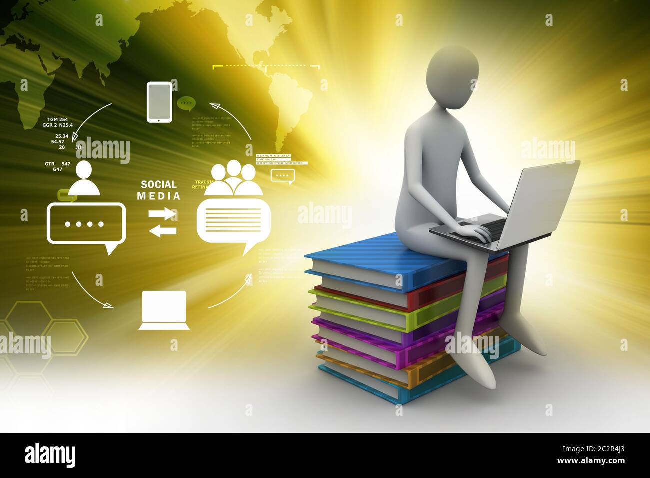 3d man sitting on books and working at his laptop Stock Photo - Alamy