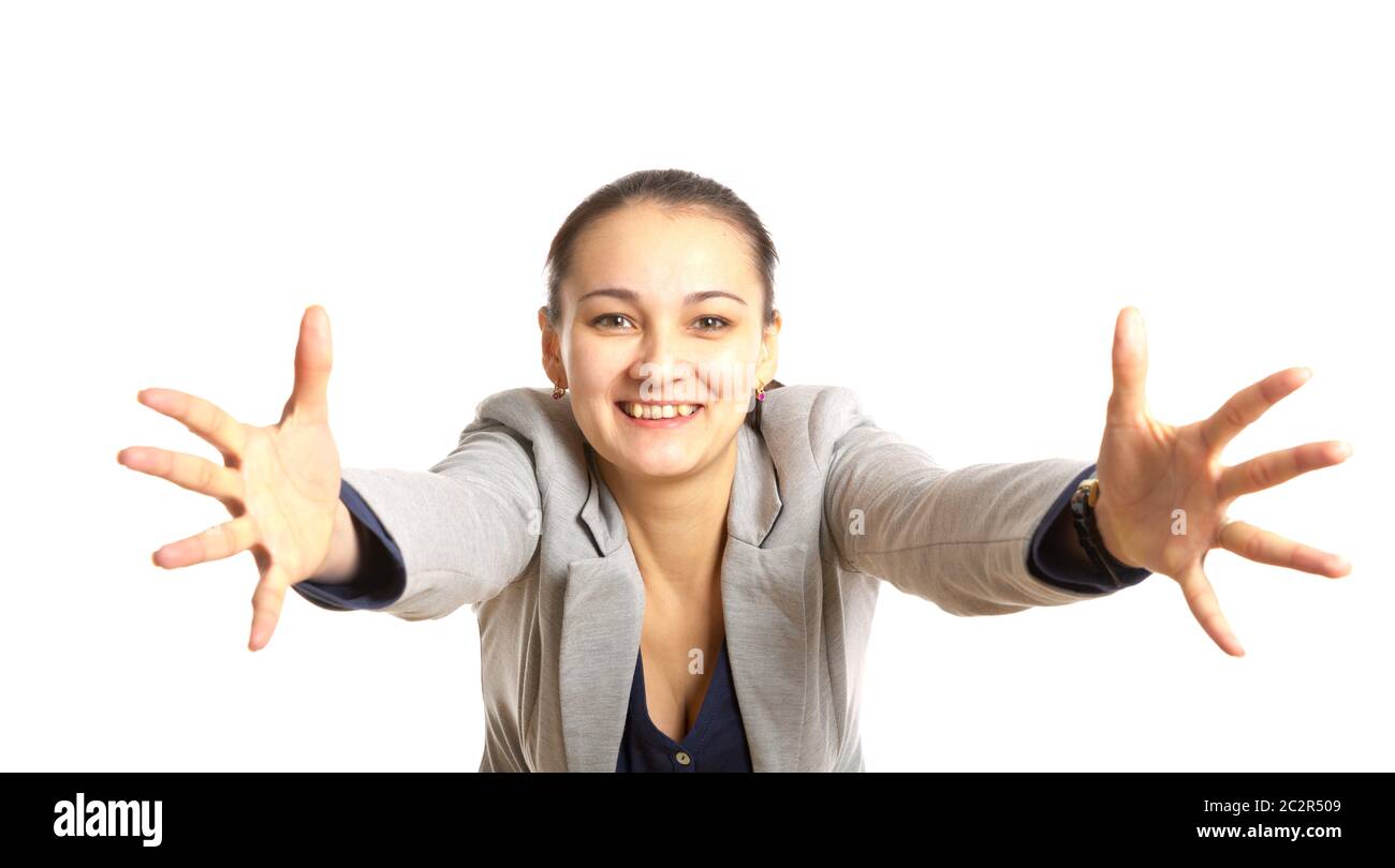 Young woman with two hands up isolated on white Stock Photo - Alamy