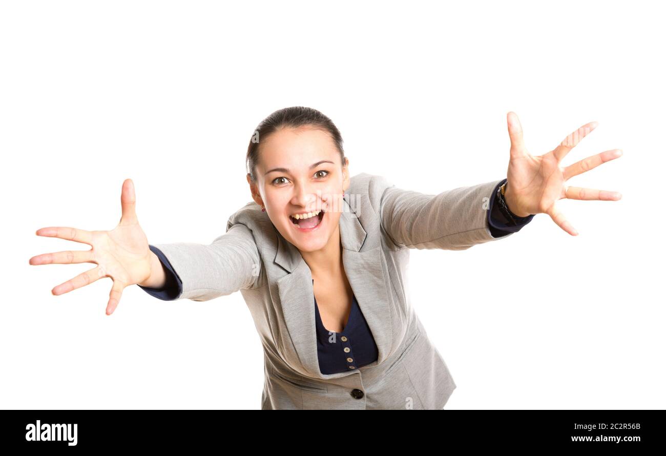 Young woman with two hands up isolated on white background Stock Photo ...