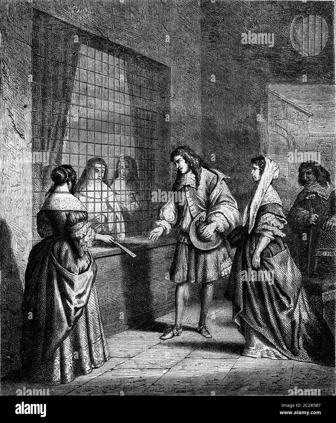 Visit a convent parlor, under Louis XIV, vintage engraved illustration ...