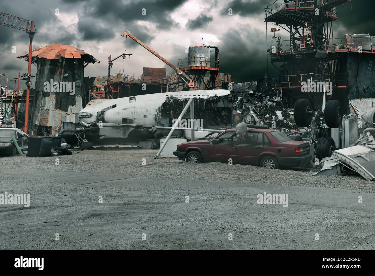 Airplane crash in the city, wreckage fuselage. Aircraft accident ...