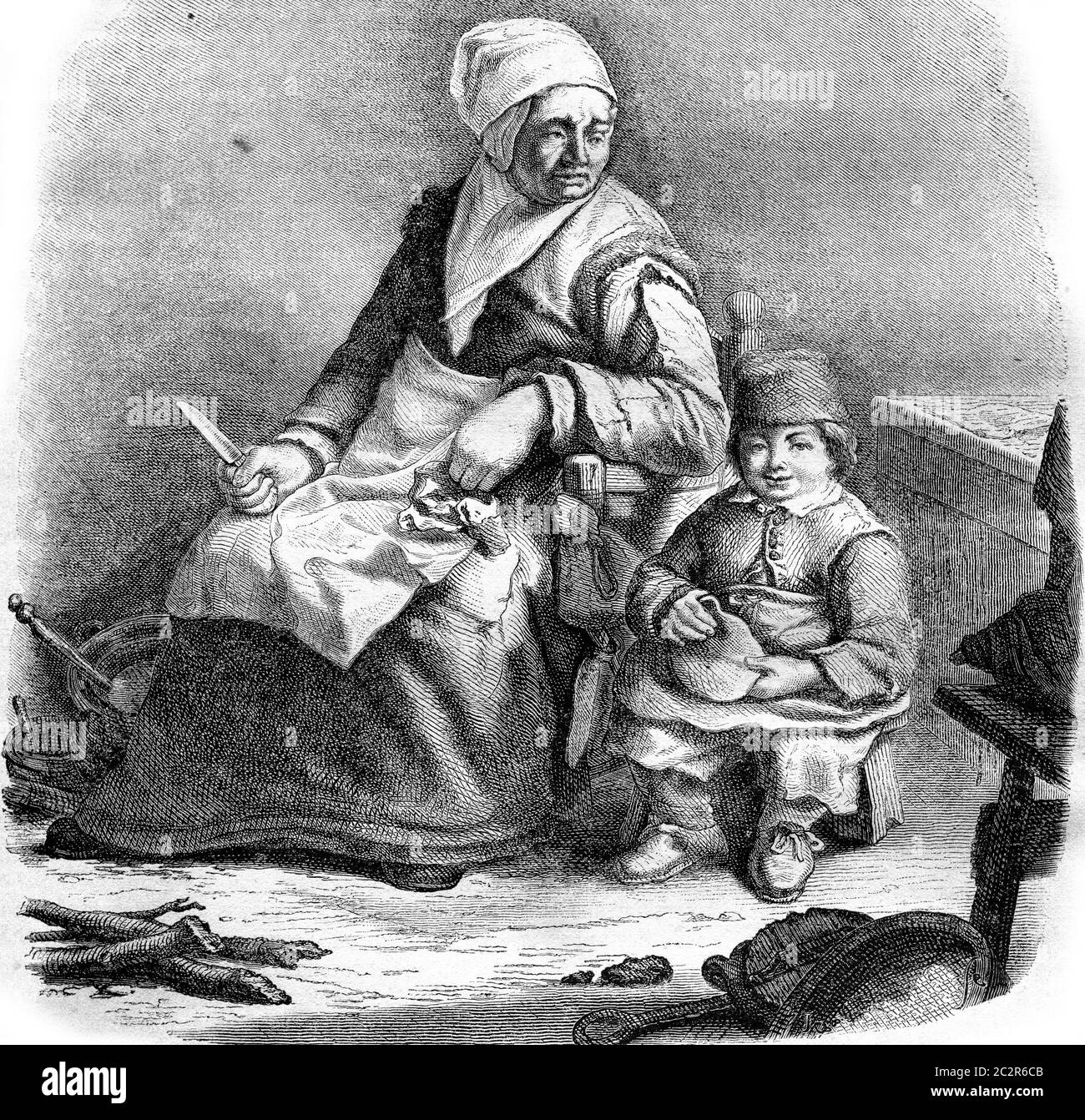 Two characters of printmaking, vintage engraved illustration. Magasin ...