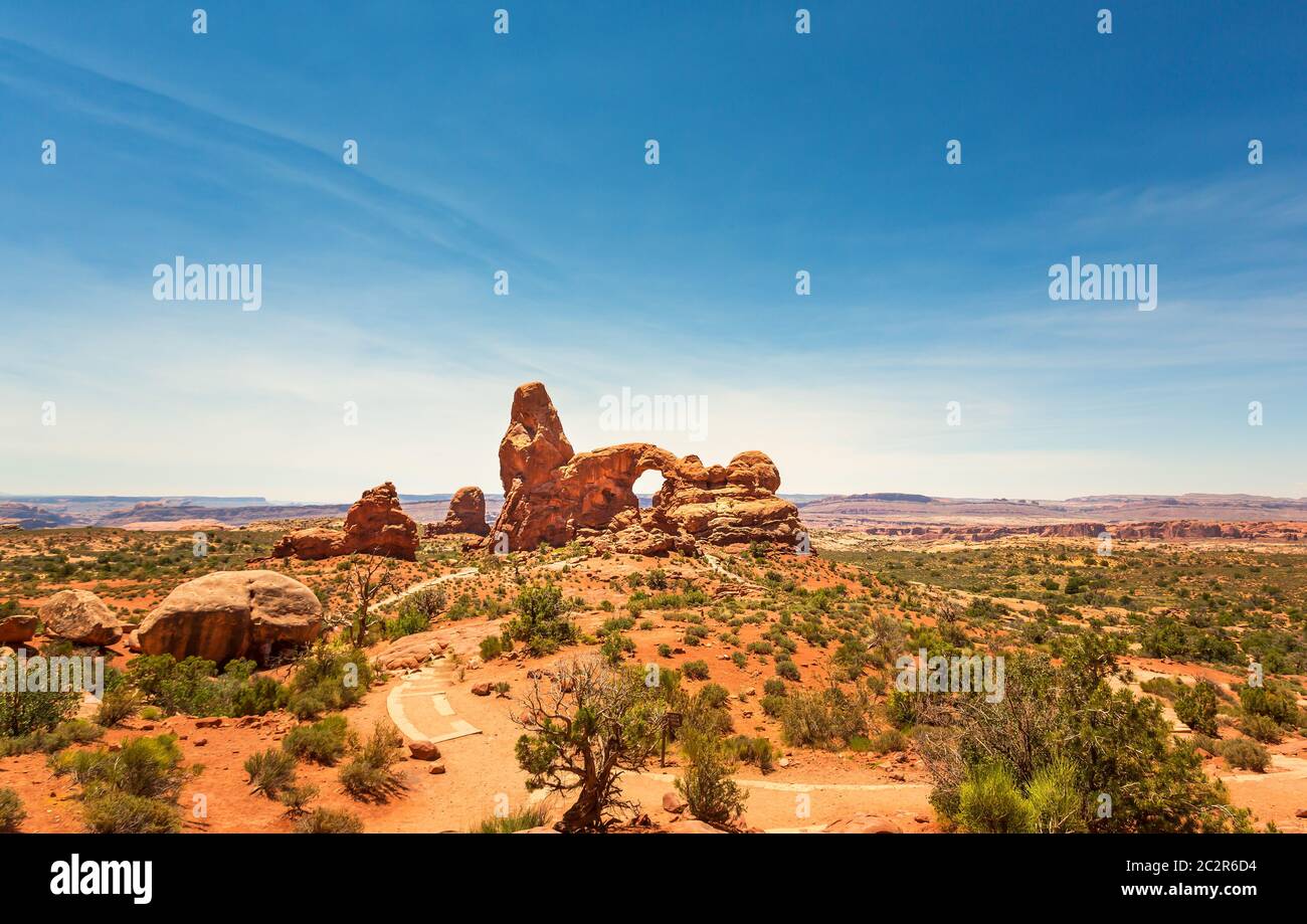 Red rocks with blue sky landscape in Arches National Park in Utah Stock ...