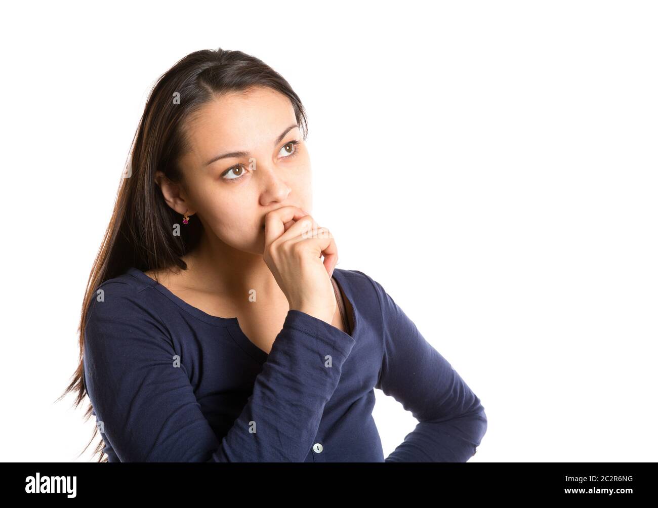 Thinking woman isolated on white background Stock Photo - Alamy