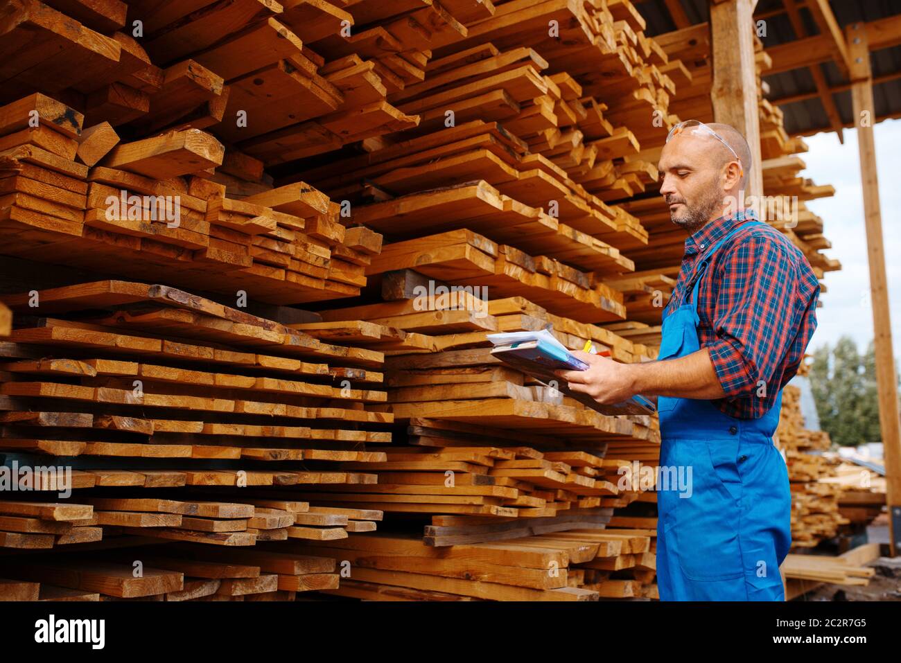 Carpenter in uniform check boards on sawmill, lumber industry ...