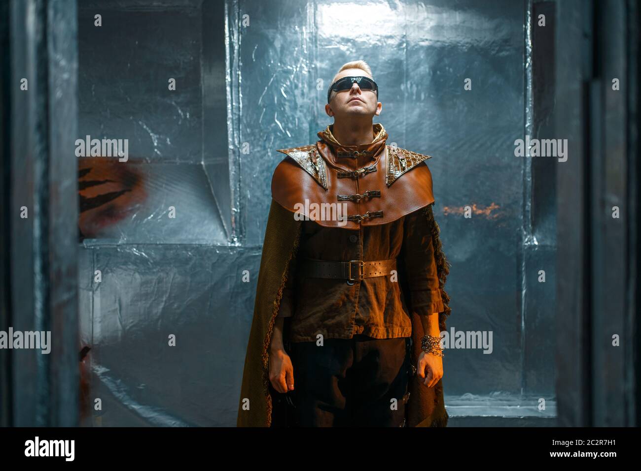 Space traveler in teleport with foil walls. Fantasy spaceship for ...