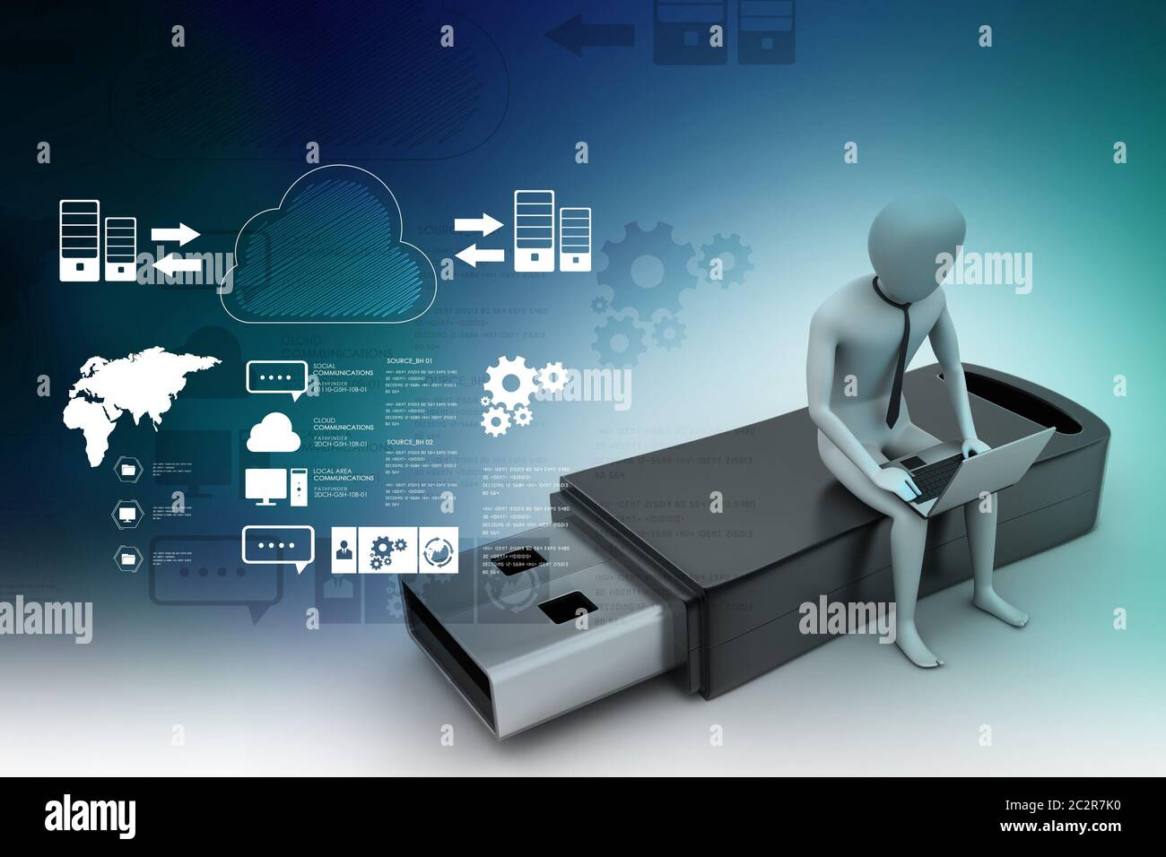3d man and laptop sitting usb Stock Photo - Alamy