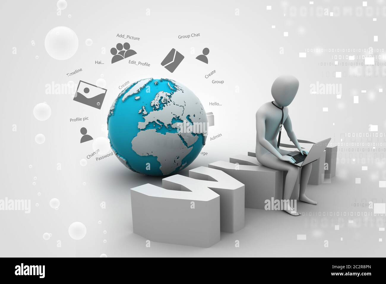 Man with laptop sitting on www label Stock Photo - Alamy
