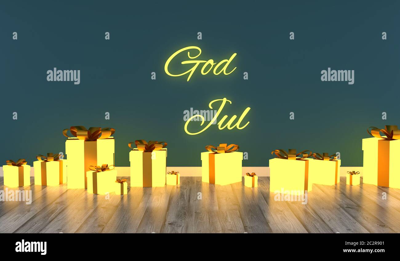 Many glowing gift boxes in an empty room, seasonal or Christmas ...