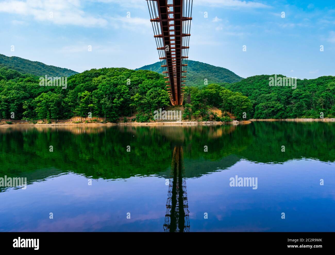 Underneath the suspension bridge at Majang Lake Park in Paju, Korea ...
