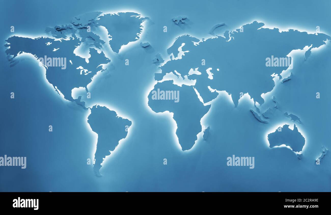 Illuminated earth map toned in blue. Continents shapes with cool white ...