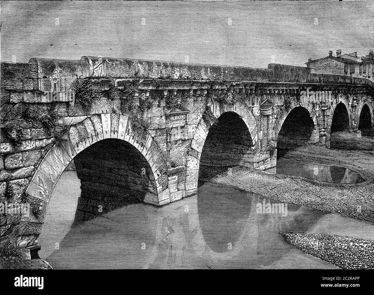 The Bridge of Augustus in Rimini, vintage engraved illustration ...