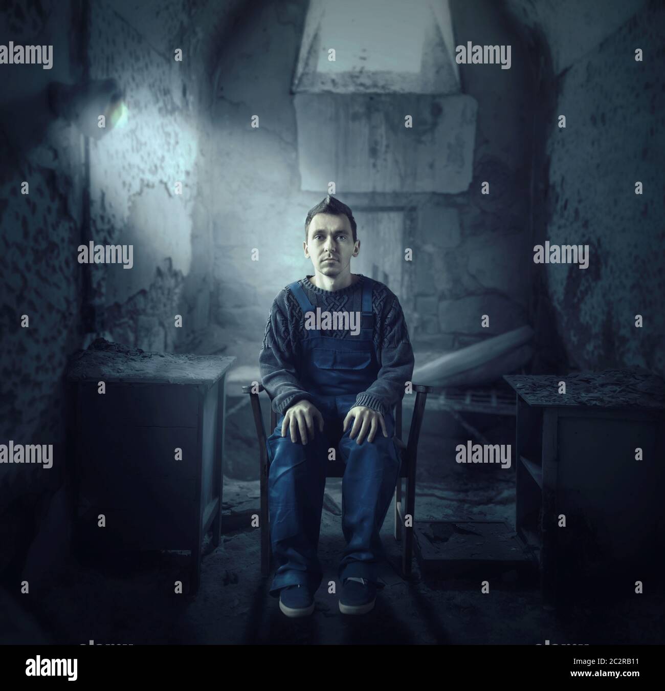 Madman in uniform mouth sealed with plaster, psycho patient. Mentally ...