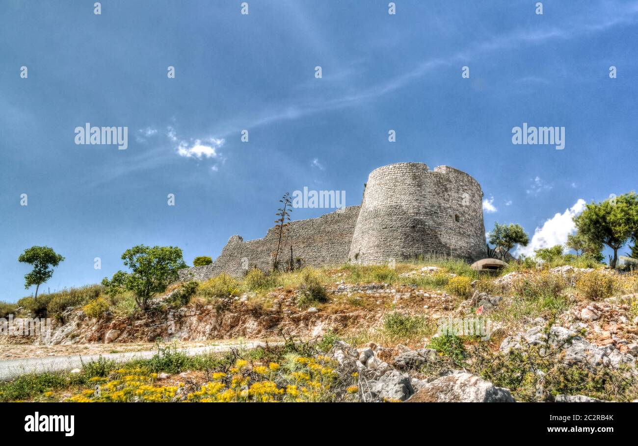Landscape with the Lekuresi Castle and military bunkers, Saranda ...